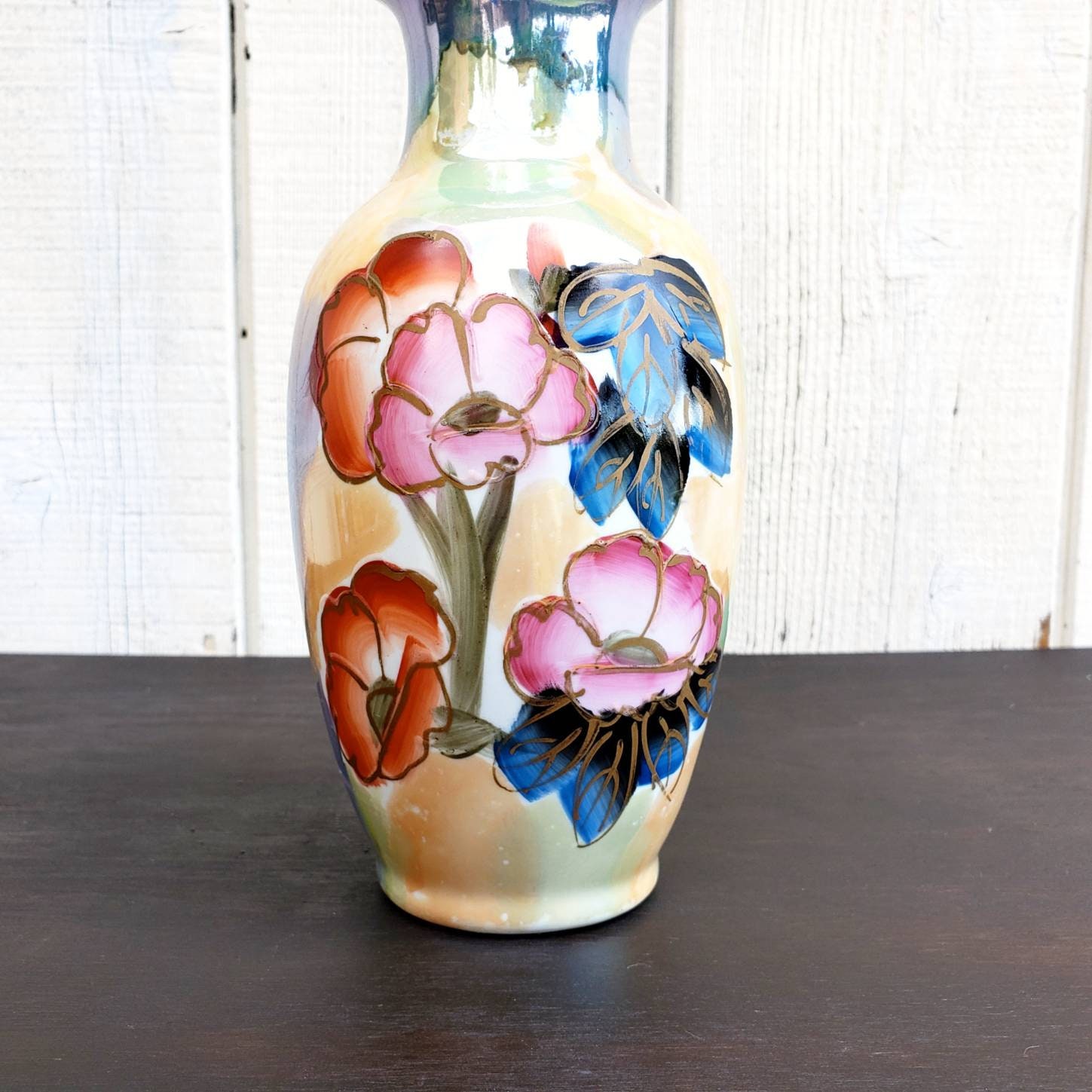 Vintage Mid Century Hand Painted Lusterware Floral Rainbow Ceramic Vase ...
