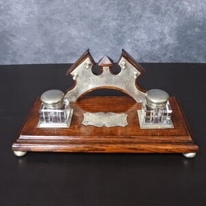 Antique Victorian Oak Engraved Ink Well Writing Desk Stand - Etsy