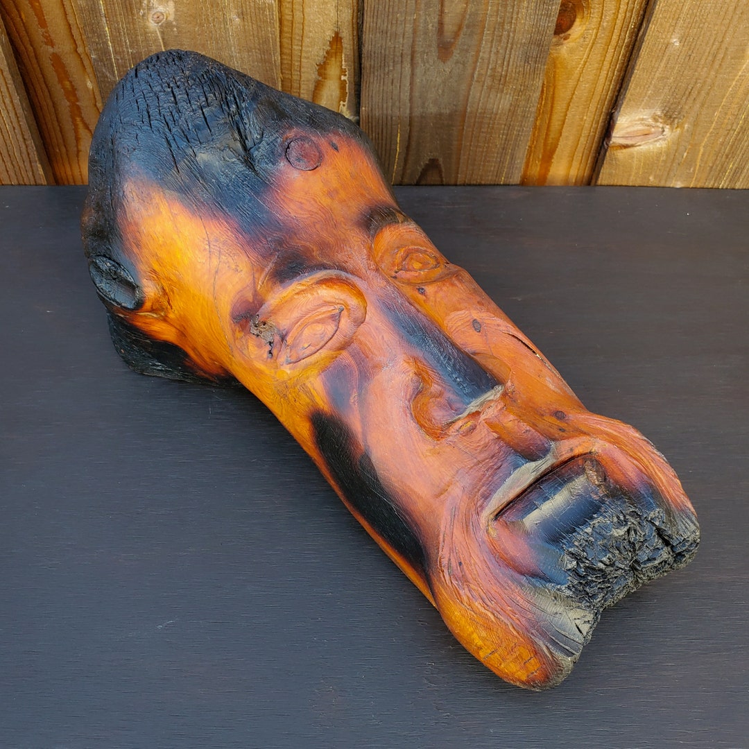 Vintage Hand Carved Large Wooden Tree Spirit Folk Art Head Sculpture ...