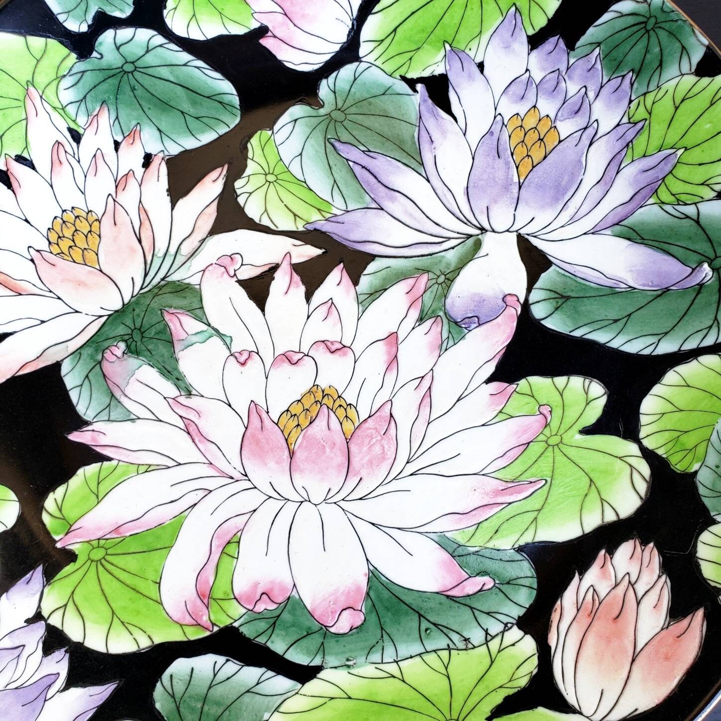 Vintage Hand Painted Toyo Water Lily Flower Pink Black Green Floral ...