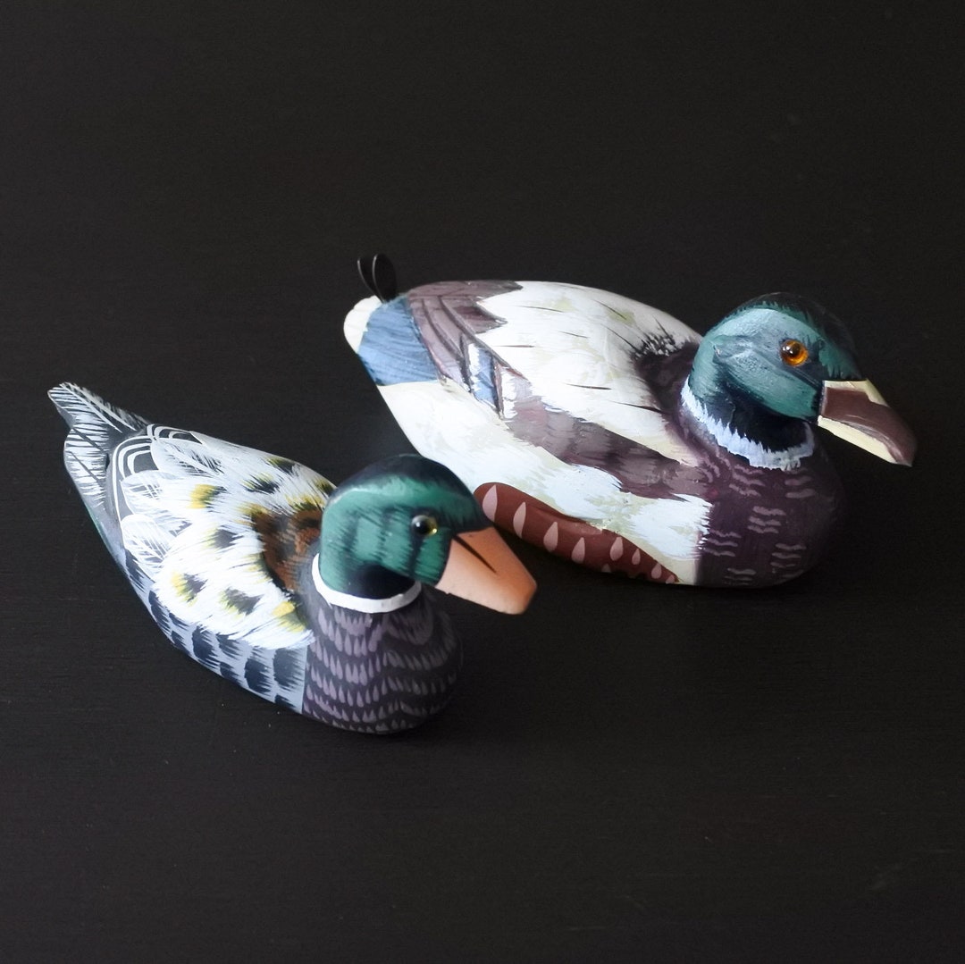 Vintage Mini Wooden Duck Mallard Decor Hand Painted Carved Figurine Set ...