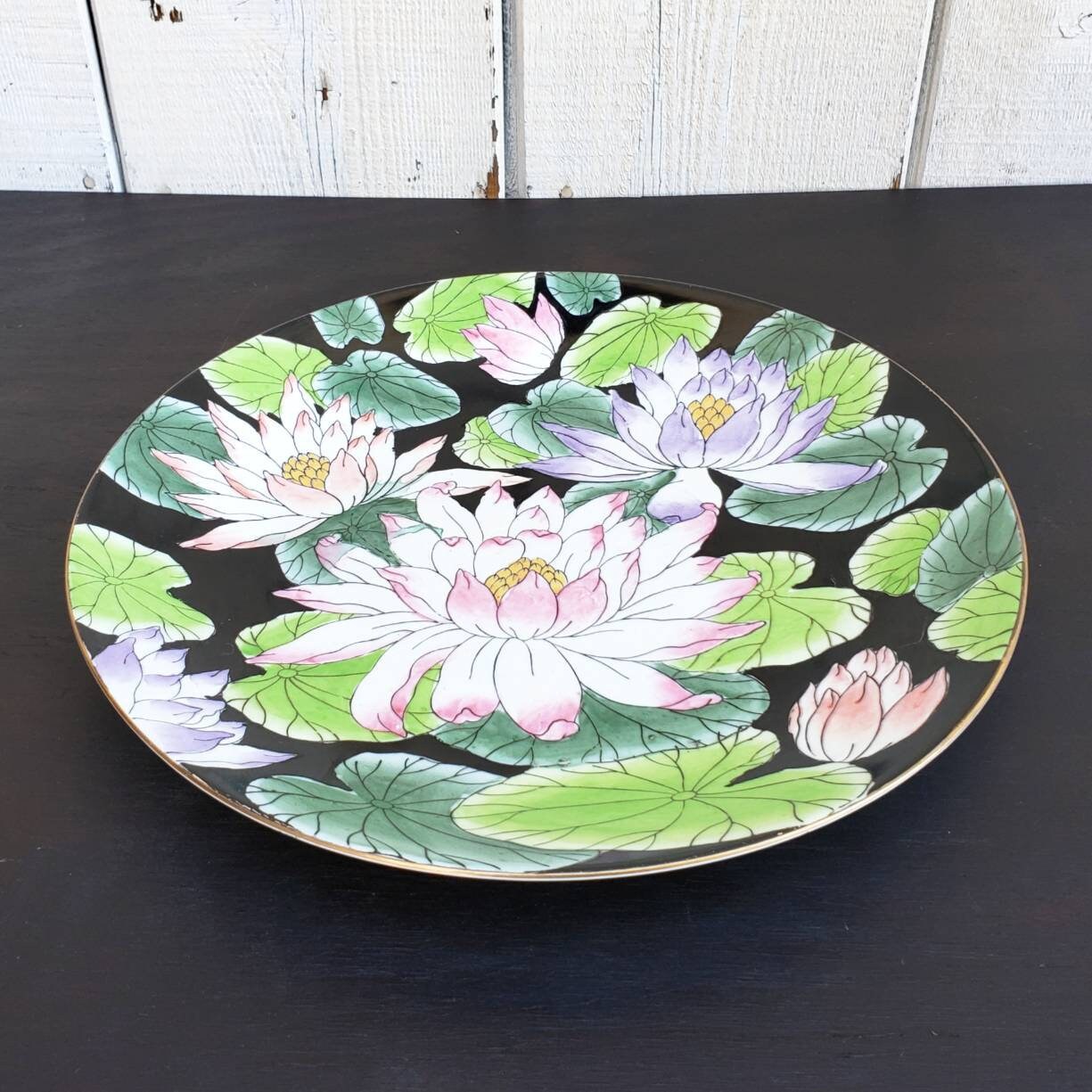Vintage Hand Painted Toyo Water Lily Flower Pink Black Green Floral ...