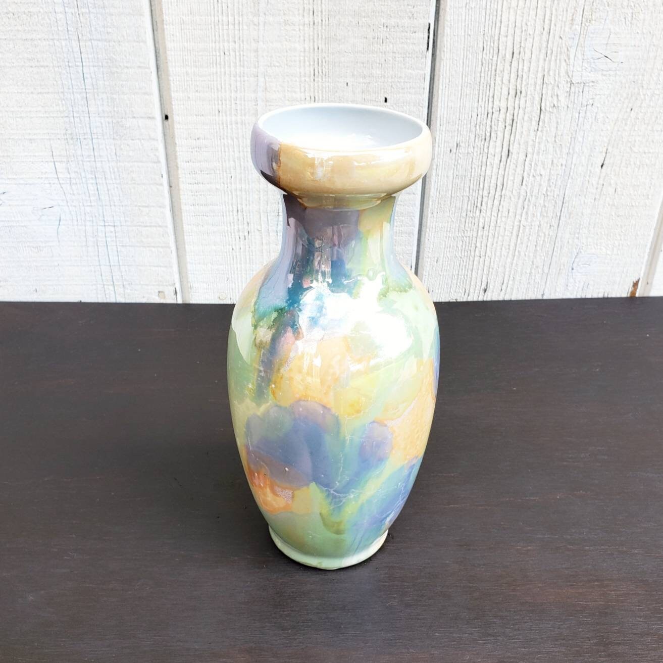 Vintage Mid Century Hand Painted Lusterware Floral Rainbow Ceramic Vase ...