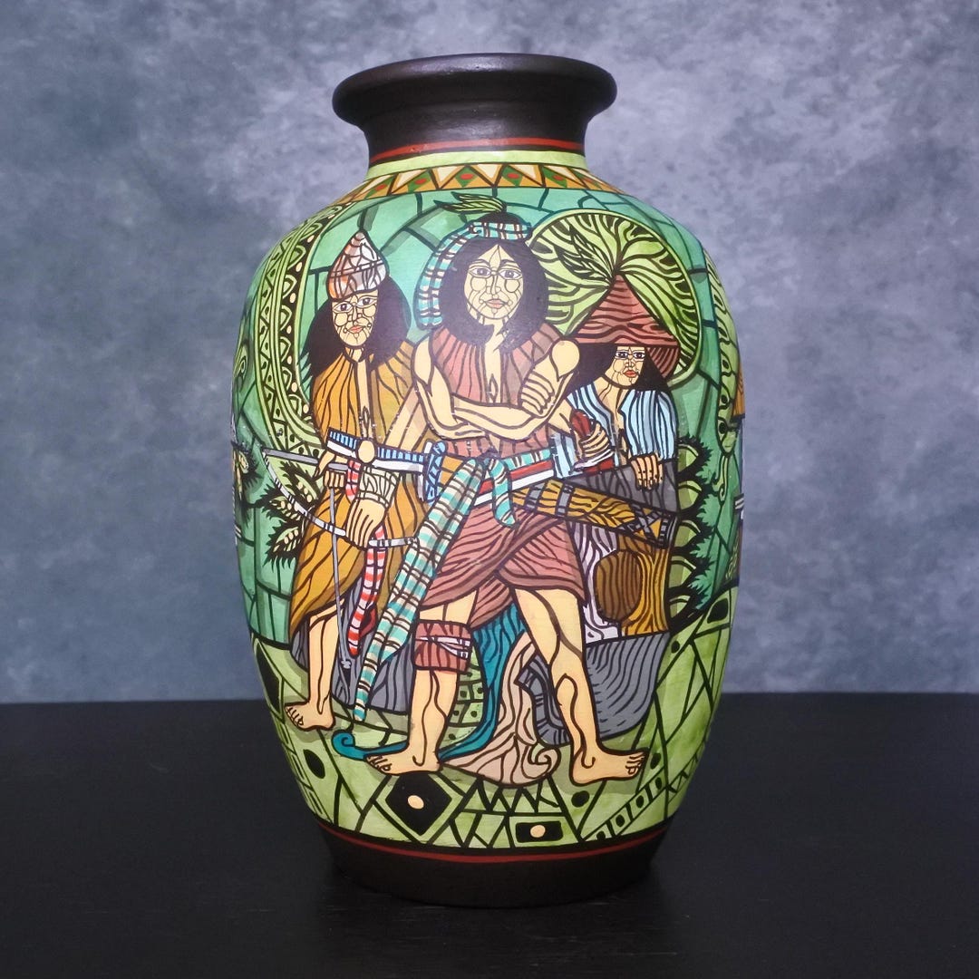 Vintage Philippines Hand Painted Tribal Warriors Jungle Ceramic Vase ...