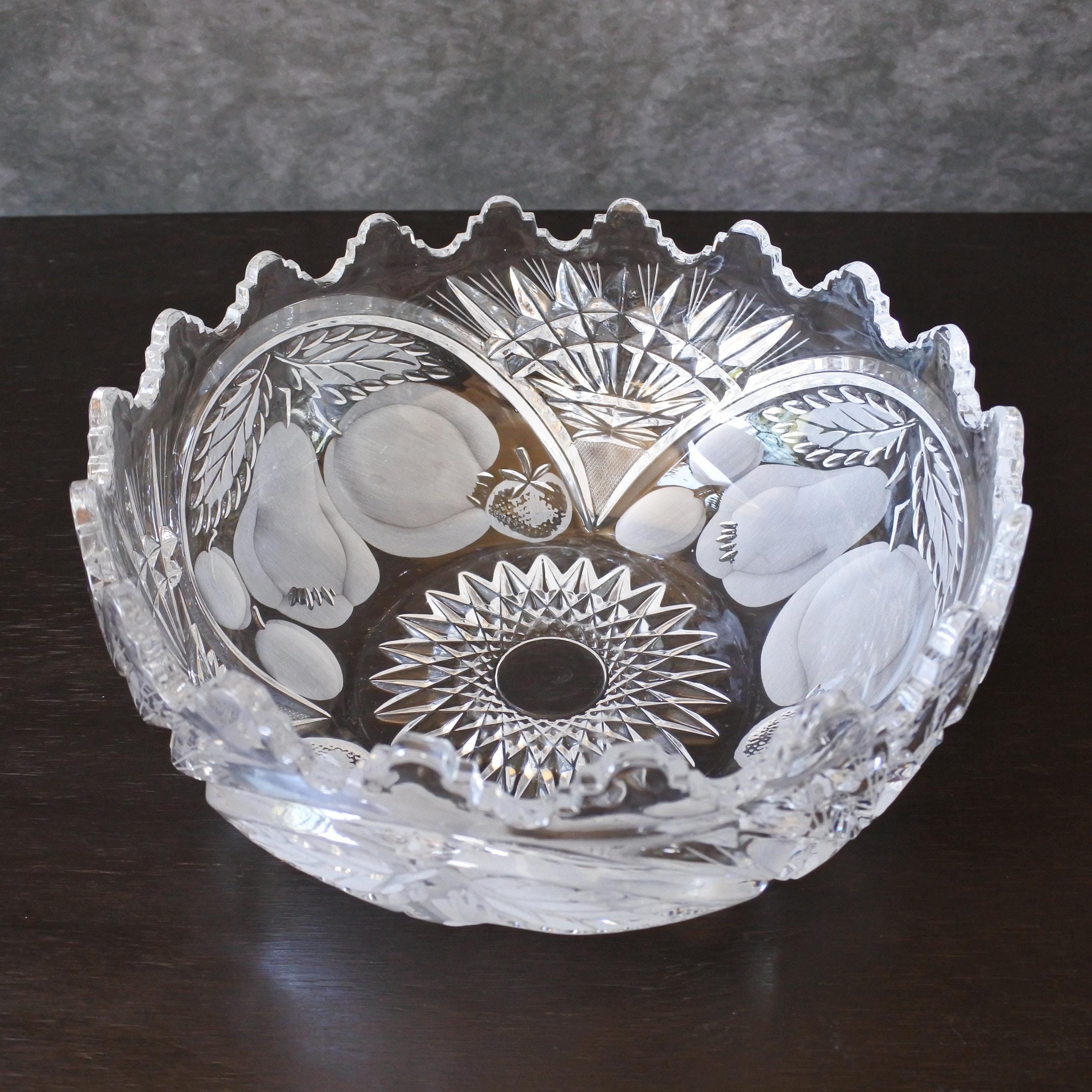 Vintage Large Crystal Vegetable Fruit Pattern Salad Serving Fruit Bowl ...