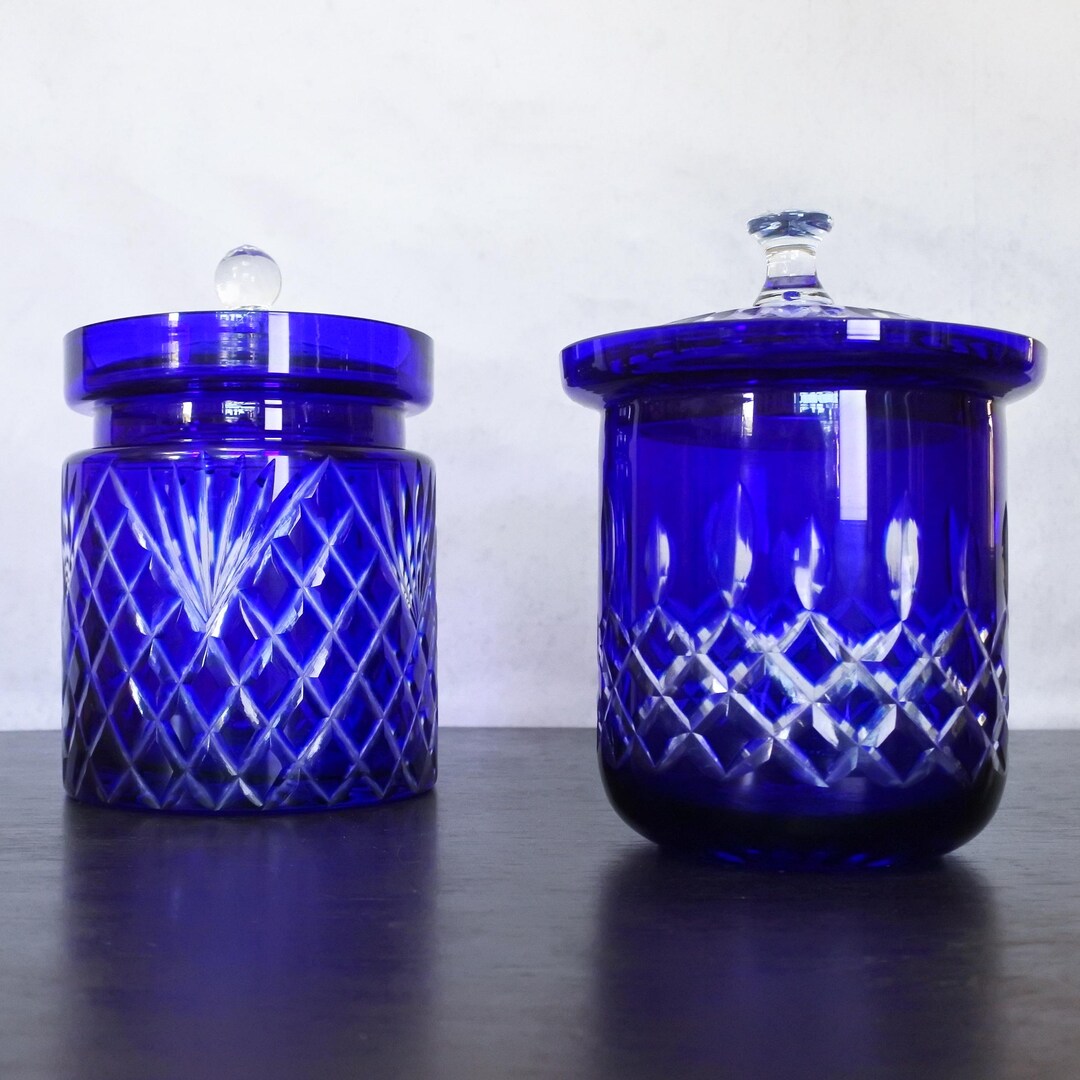 Vintage Cobalt Blue Cut to Clear Bohemia Glass Lidded Jar Canister Set ...