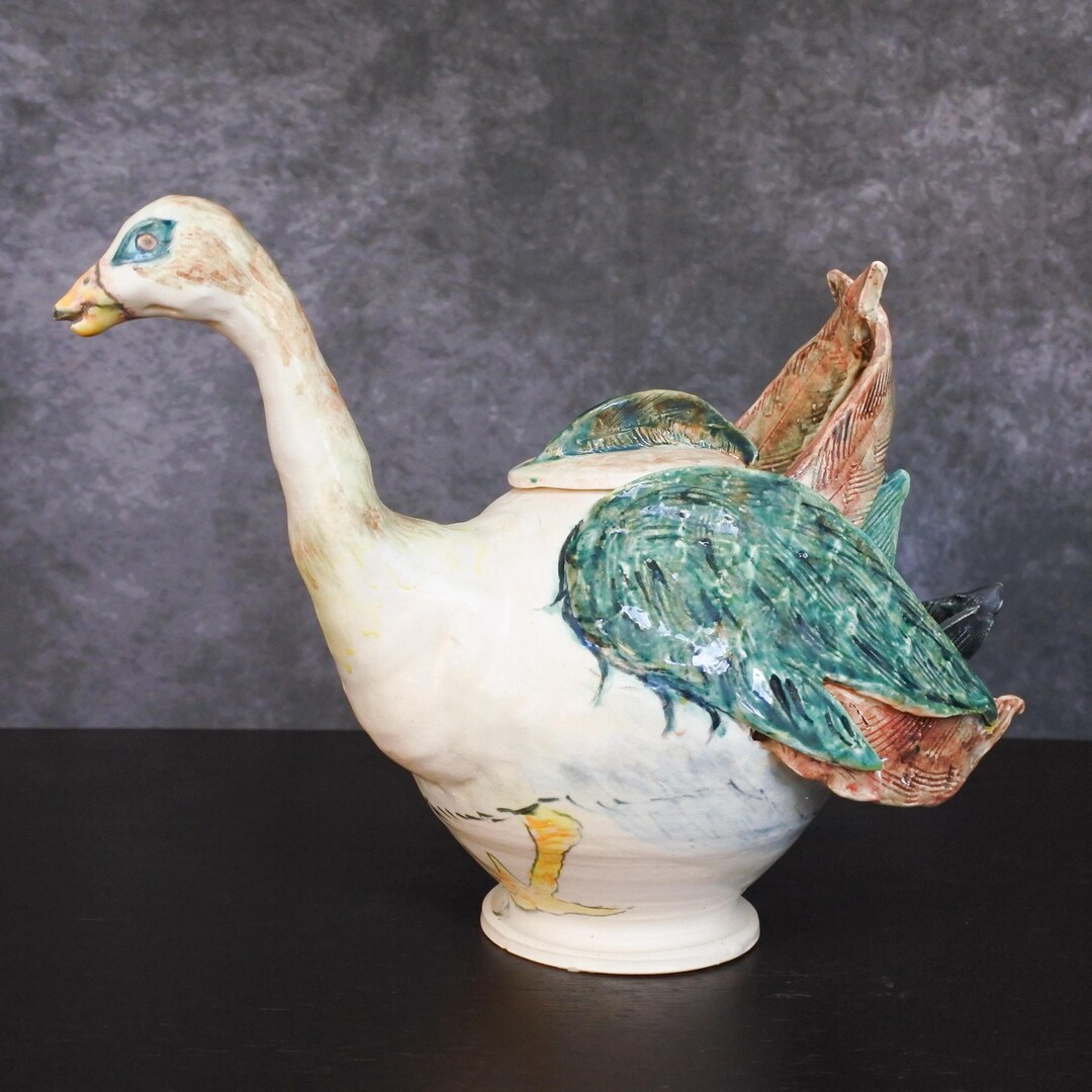 Vintage Signed Art Pottery Goose Bird Handmade Figural Novelty Teapot ...