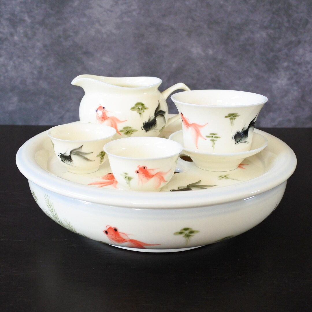 Vintage Chinese Gong Fu Tea Ceremony Hand Painted Goldfish Porcelain ...