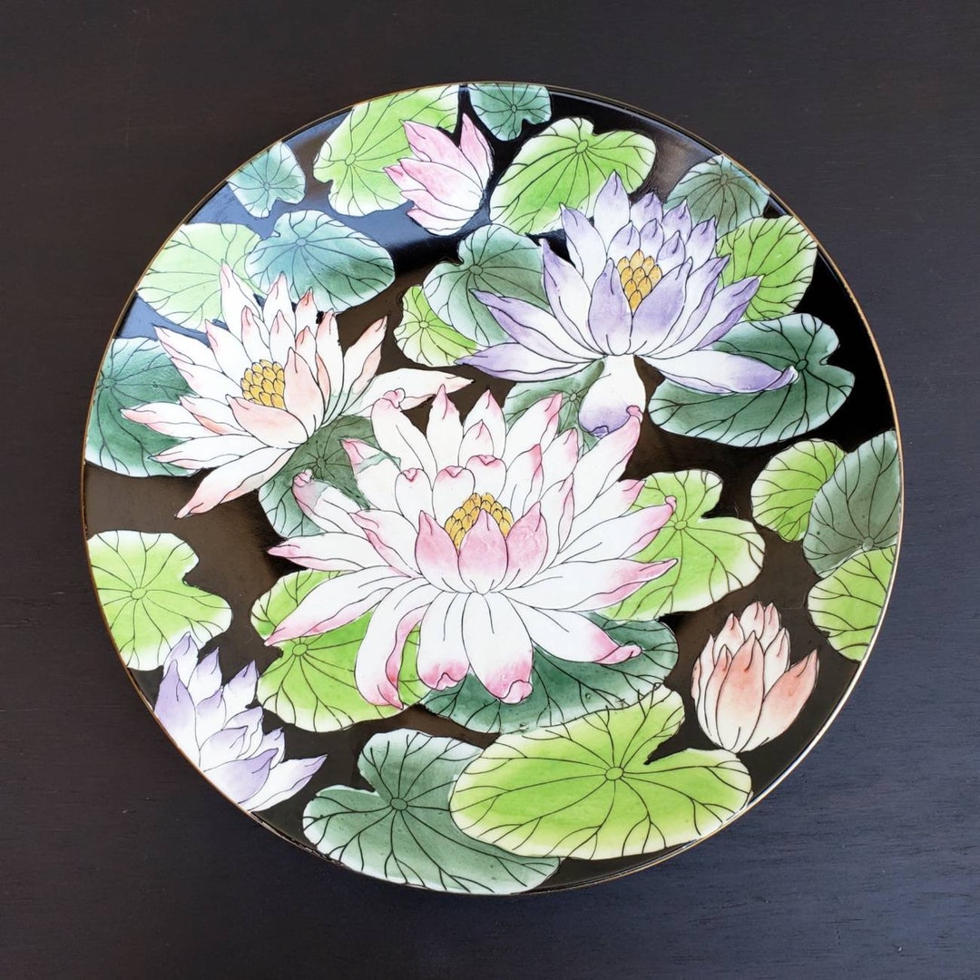 Vintage Hand Painted Toyo Water Lily Flower Pink Black Green Floral ...