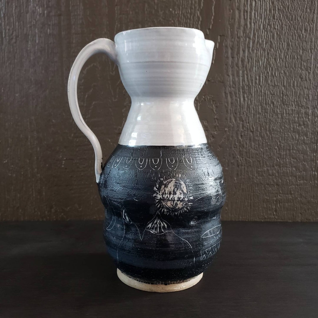 Vintage Signed Quirky Patterned Large Folk Art Pottery Pitcher ...