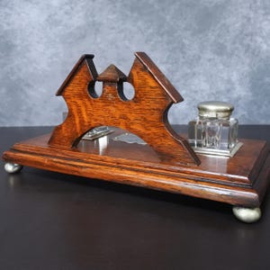 Antique Victorian Oak Engraved Ink Well Writing Desk Stand - Etsy