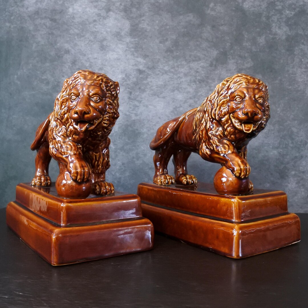 Vintage Large Lion Rockingham Style Treacle Brown Glaze Ceramic Statue ...