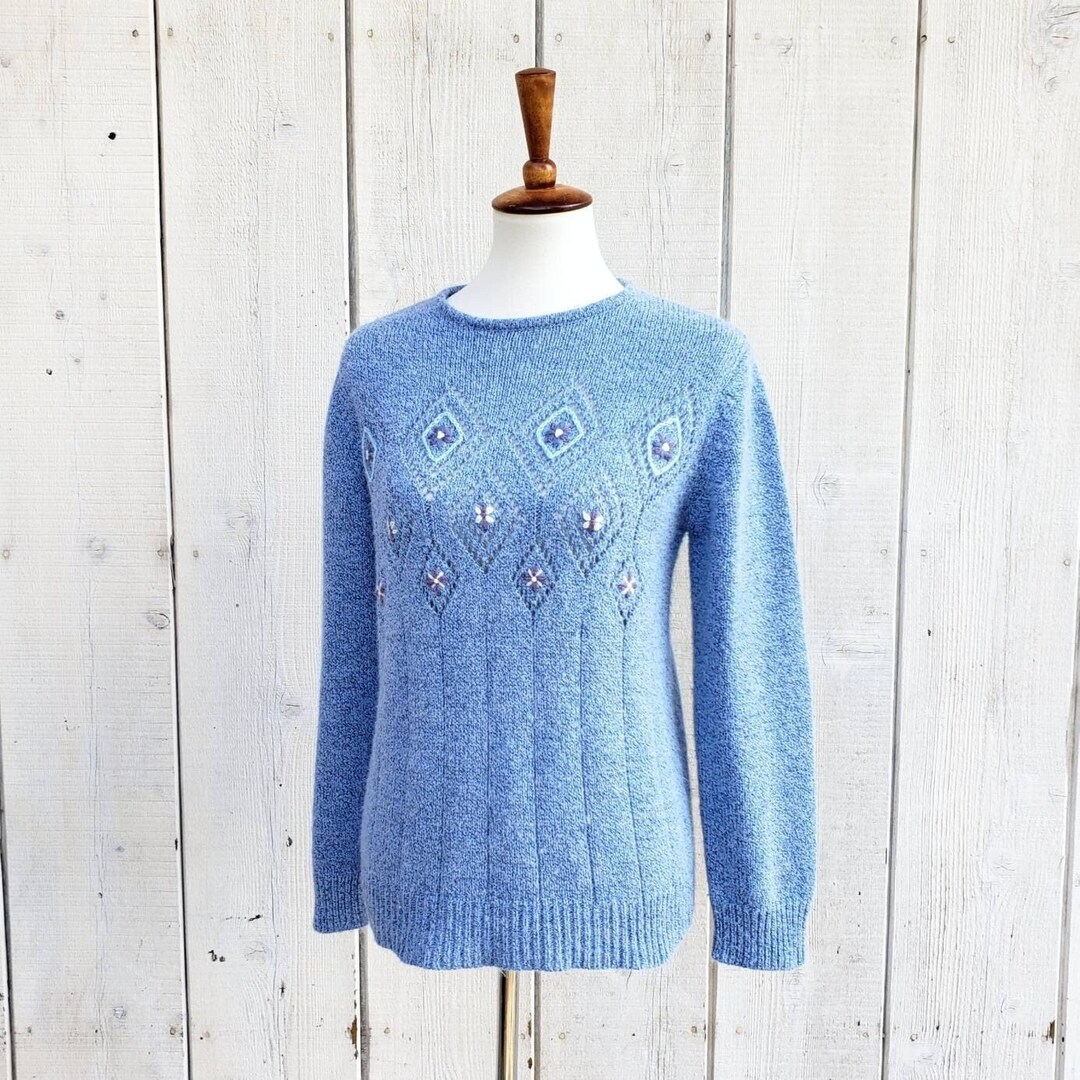 Vintage Damart Diamond Floral Pattern Blue Knit Sweater Size M 10 12 - Etsy