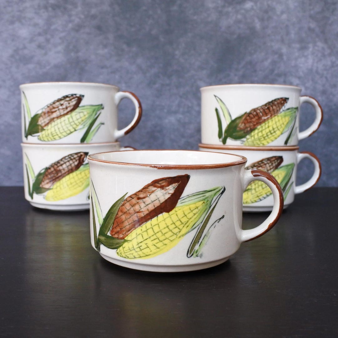 Vintage 70s Hand Painted Corn Stoneware Soup Mugs Bowl Cups - Etsy