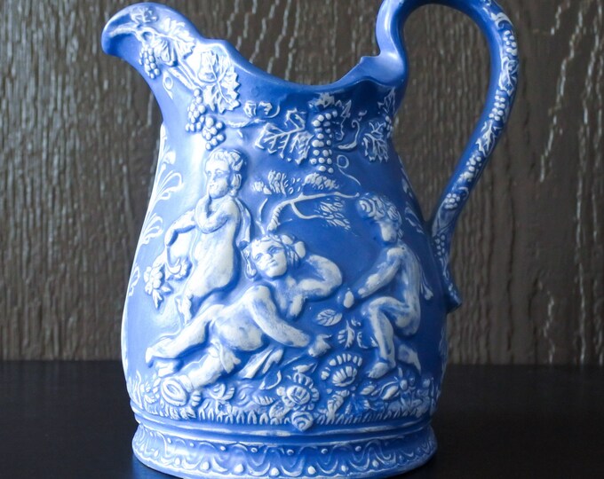 Vintage 60s Signed Handmade Art Pottery Blue Cherub Grape Pitcher Jug ...