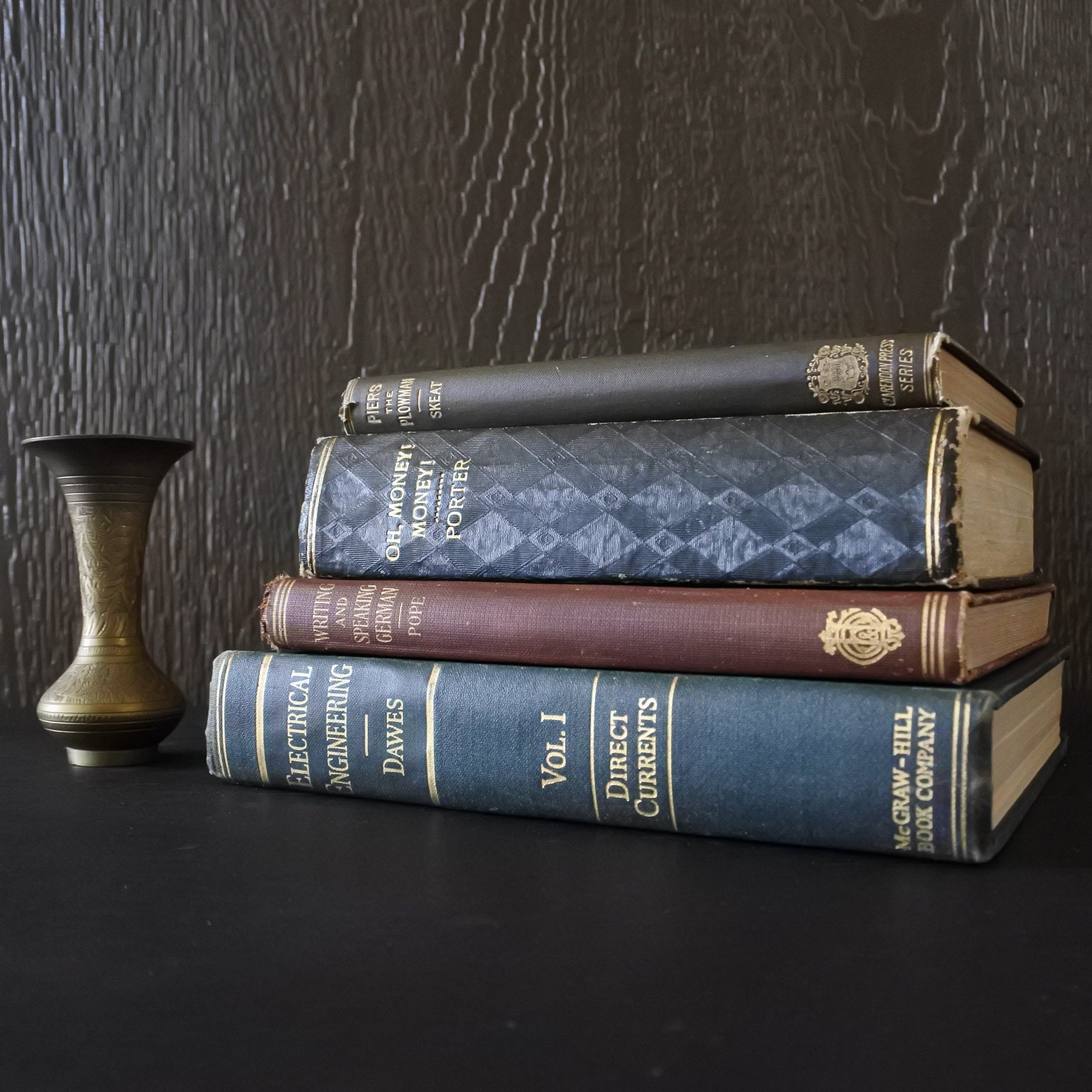 Antique Hardcover Book Stack, Old Books Dark Brown Green & Gold Set ...