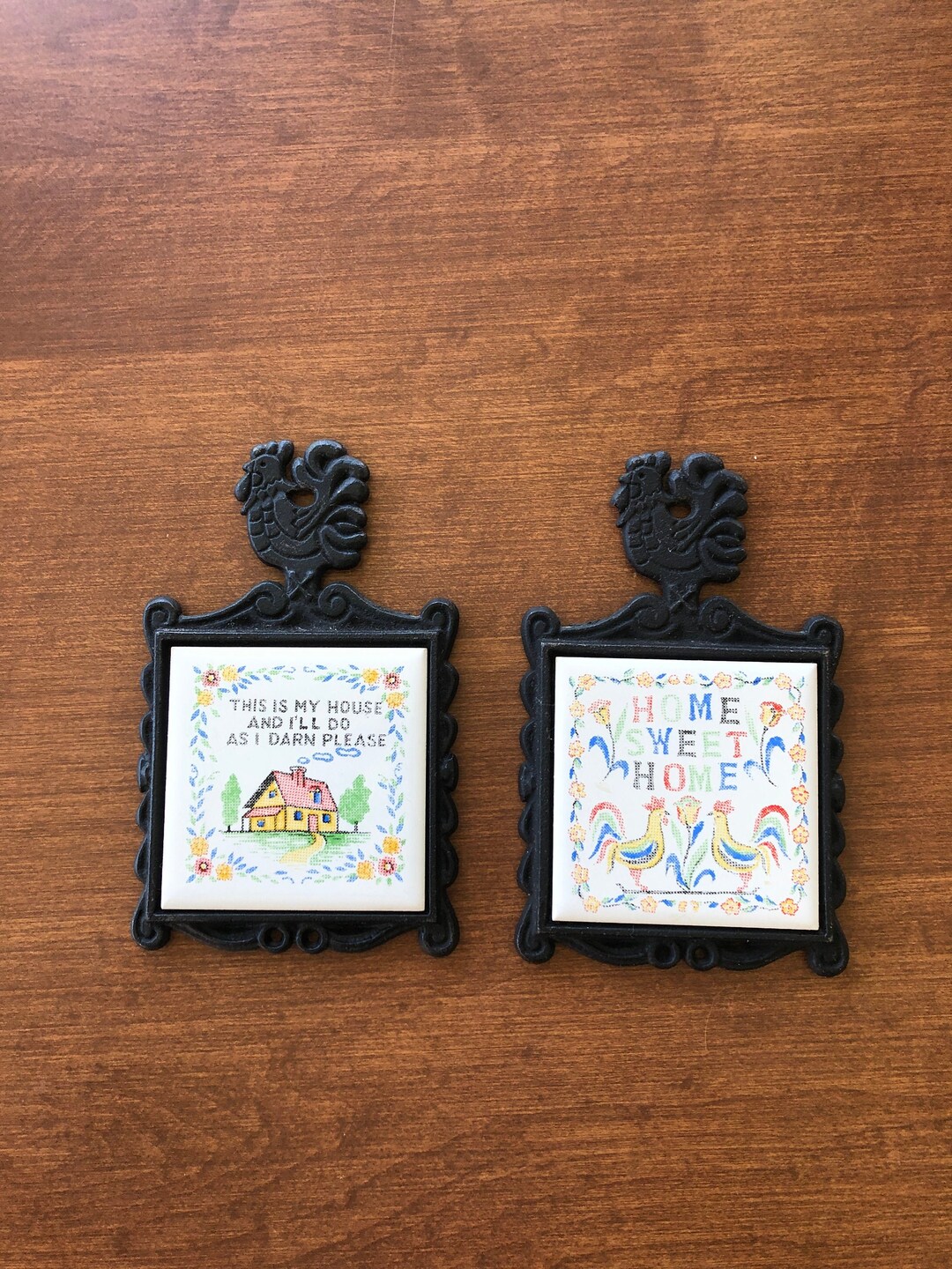 MCM Cross-stitch Patterned Ceramic Tile Rooster Trivet Set - Etsy