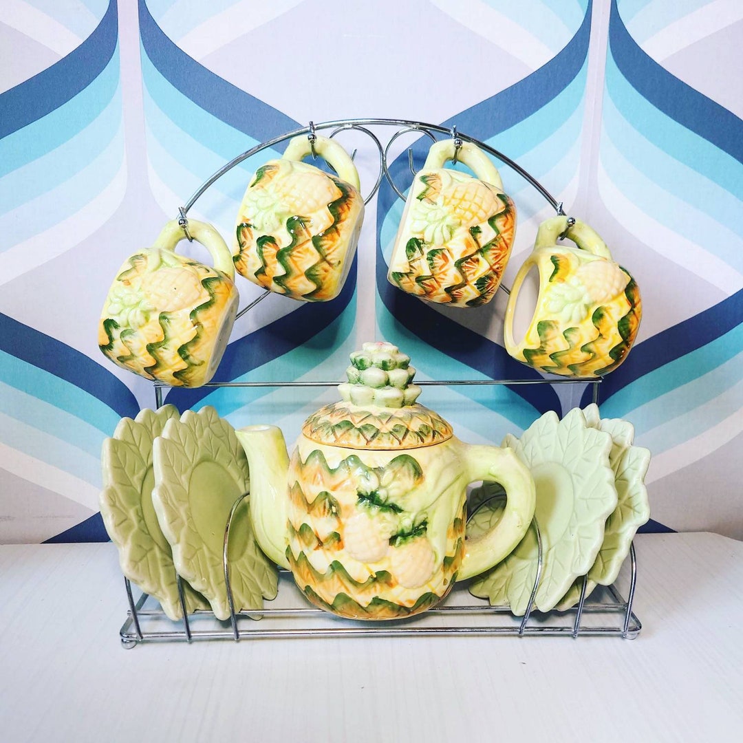 Vintage Cute Kitsch Ceramic Mini Pineapple Tea Set on Metal Display ...