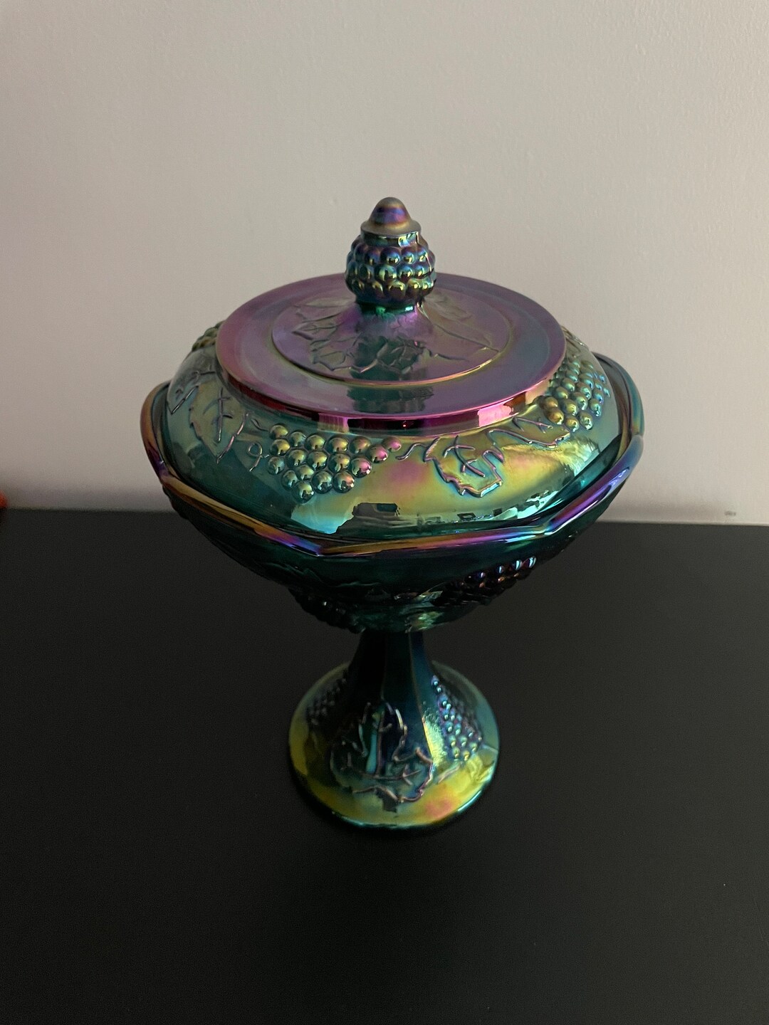Vintage Carnival Glass Covered Pedestal Candy Dish Iridescent Blue Purple Indiana Glass