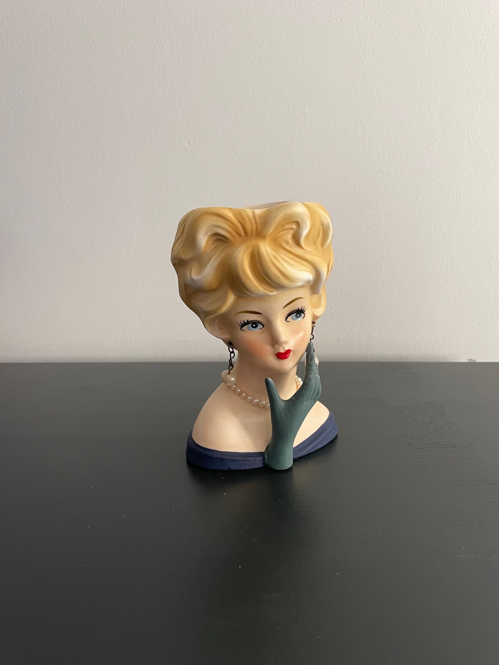 Rare Vintage Lefton Lady Head Vase With Green Glove and Hanging Pearls ...