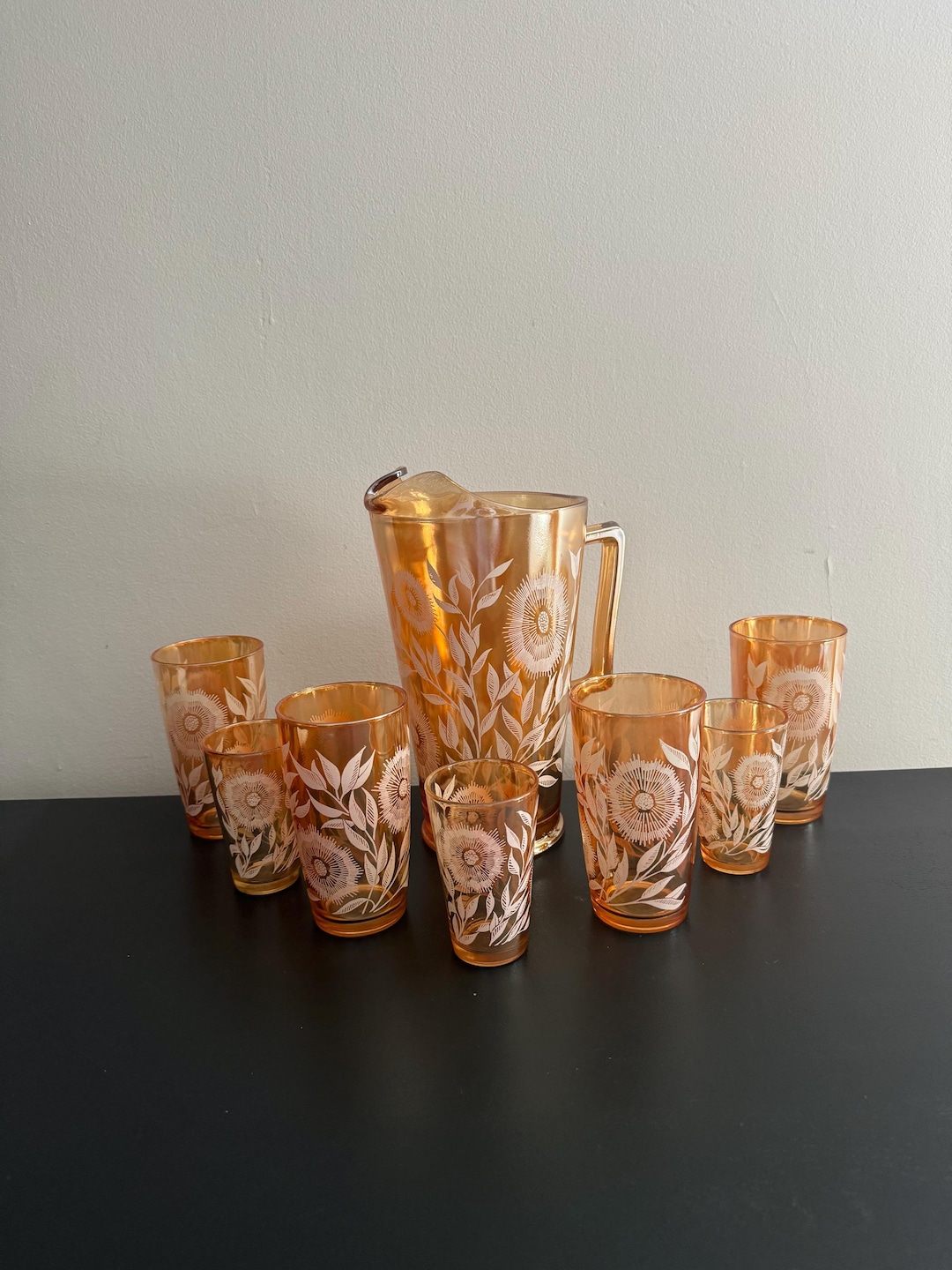 Vintage Jeannette Carnival Glass - Iridescent Marigold Cosmos Pitcher ...