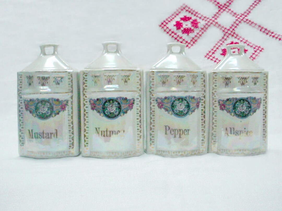 4 Antique LUSTERWARE SPICE Jars White Block GERMANY Ceramic Canisters ...
