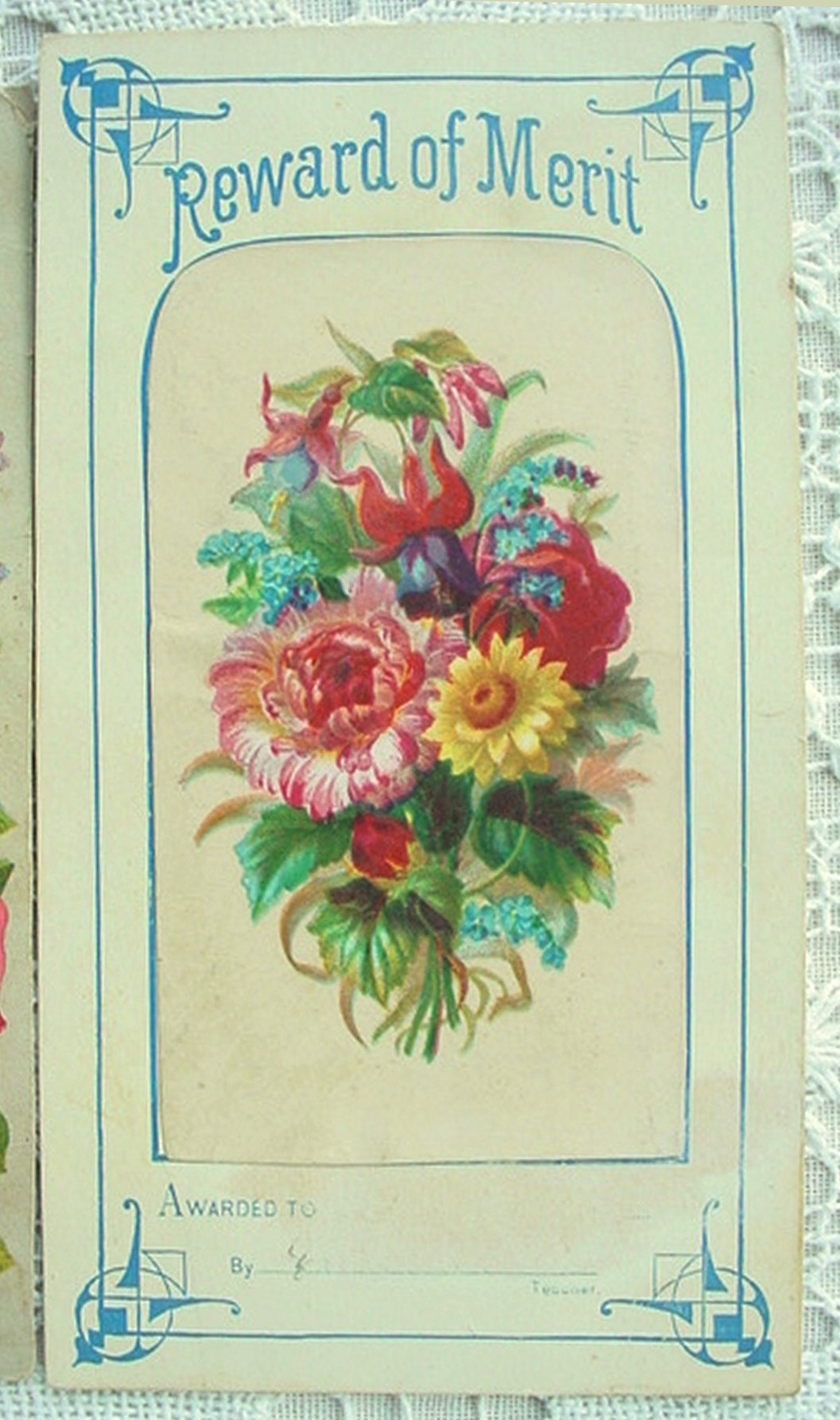 2 ANTIQUE REWARD of MERIT Awards Colorful Birds Flowers Embossed Mica ...