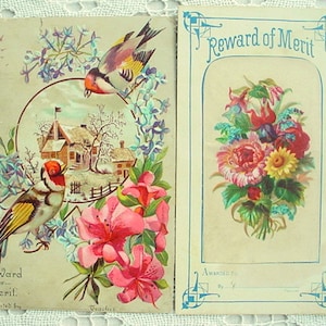 2 ANTIQUE REWARD of MERIT Awards Colorful Birds Flowers Embossed Mica ...