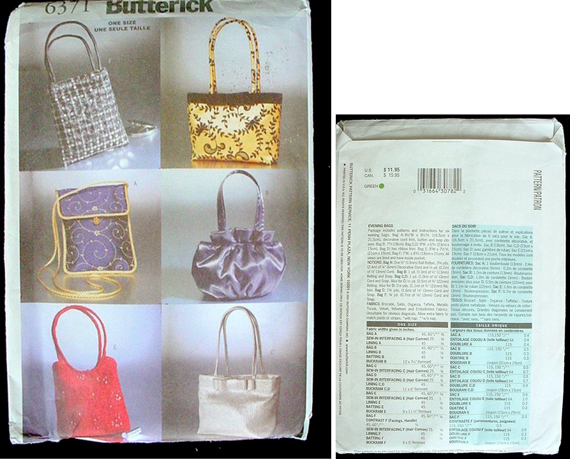 3 TOTE BAG Purse Handbag Sewing PATTERNS Uncut Butterick 6371 & Mccalls ...