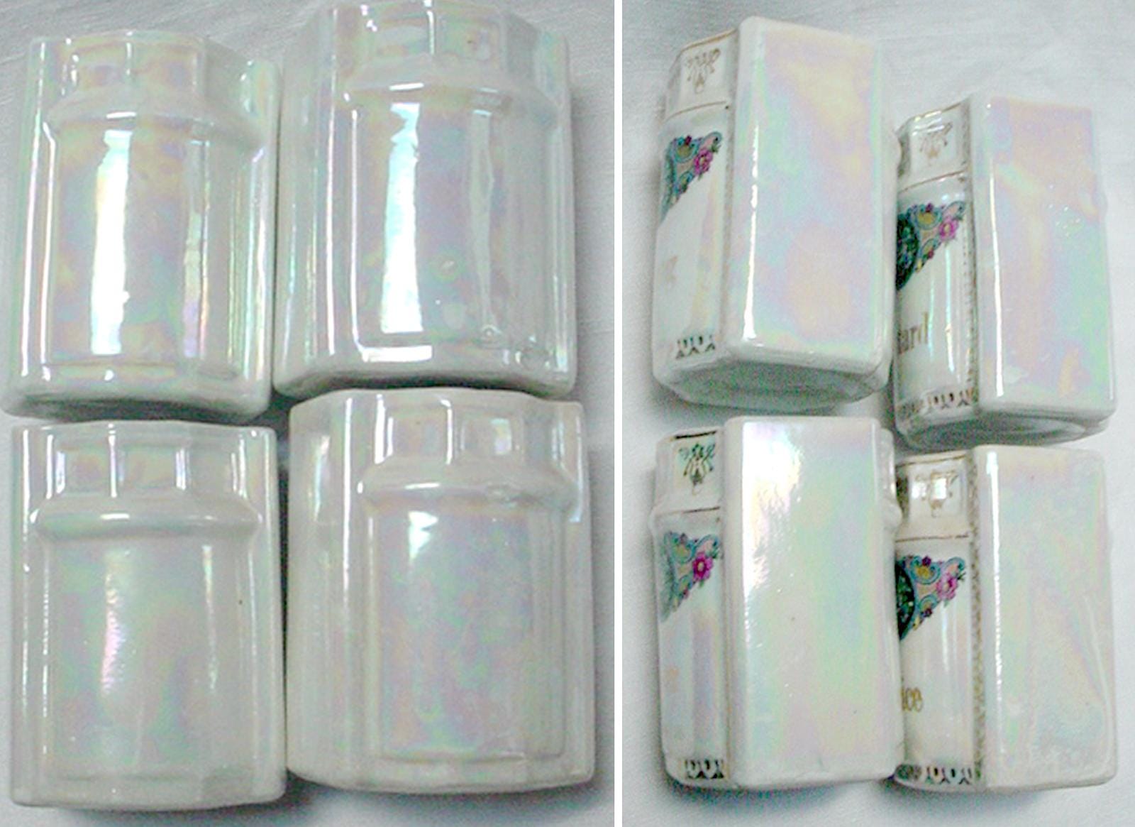 4 Antique LUSTERWARE SPICE Jars White Block GERMANY Ceramic Canisters ...