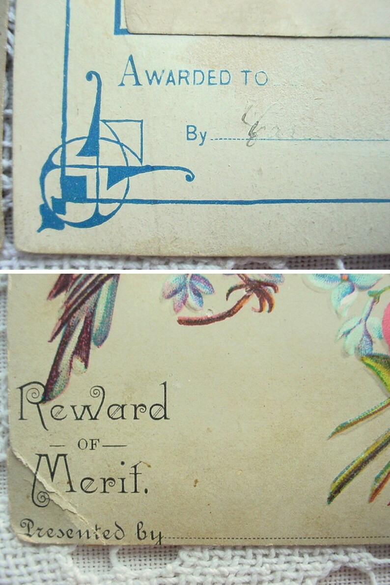 2 ANTIQUE REWARD of MERIT Awards Colorful Birds Flowers Embossed Mica ...