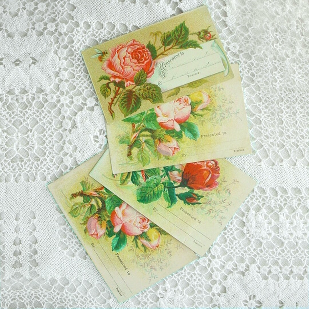 4 Antique REWARD of MERIT School Award Cards Pink and Red ROSES No ...