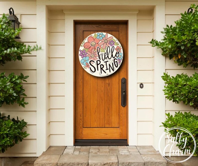 Spring Sign, Hello Welcome Entry Door Hanger, Flowers, Floral, Flowery ...