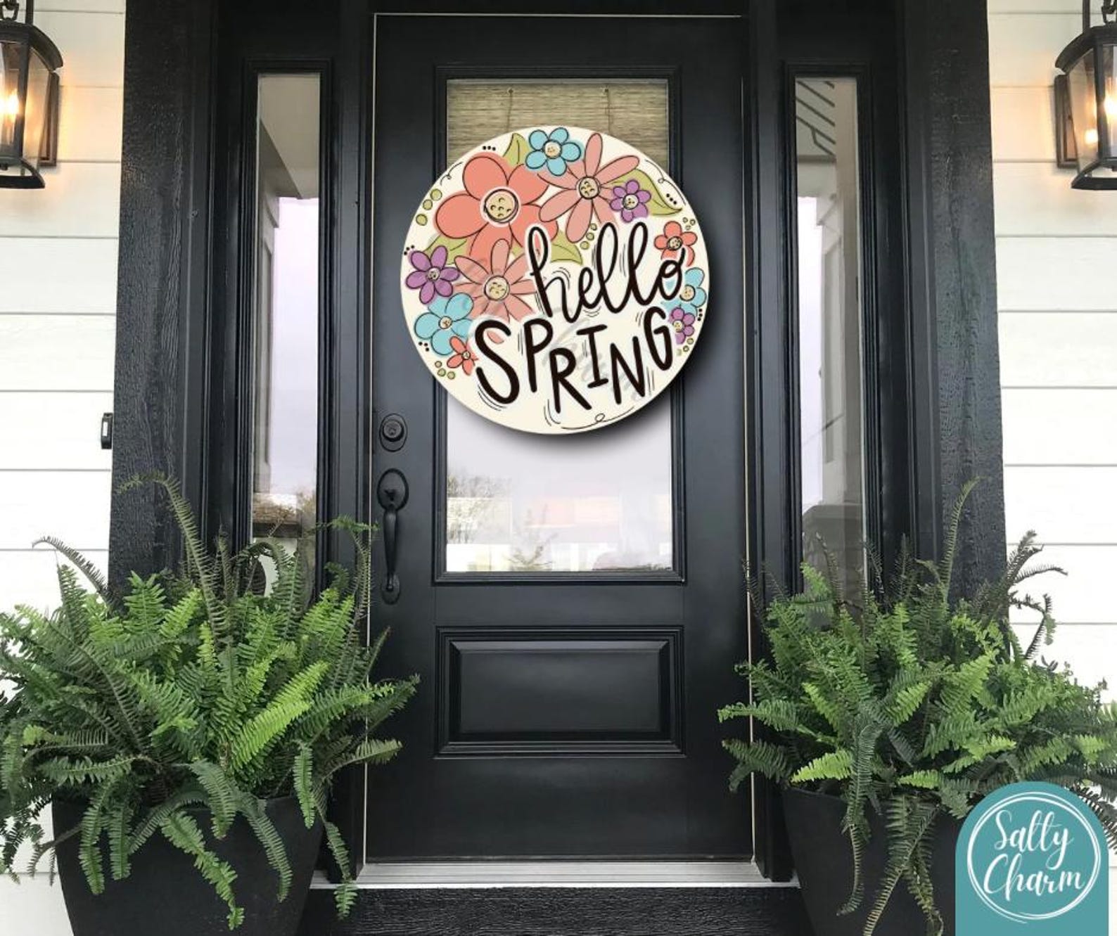 Spring Sign, Hello Welcome Entry Door Hanger, Flowers, Floral, Flowery ...