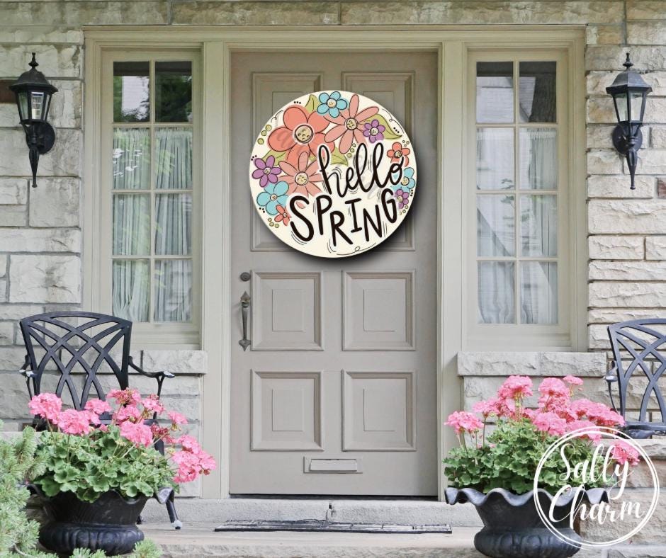 Spring Sign, Hello Welcome Entry Door Hanger, Flowers, Floral, Flowery ...