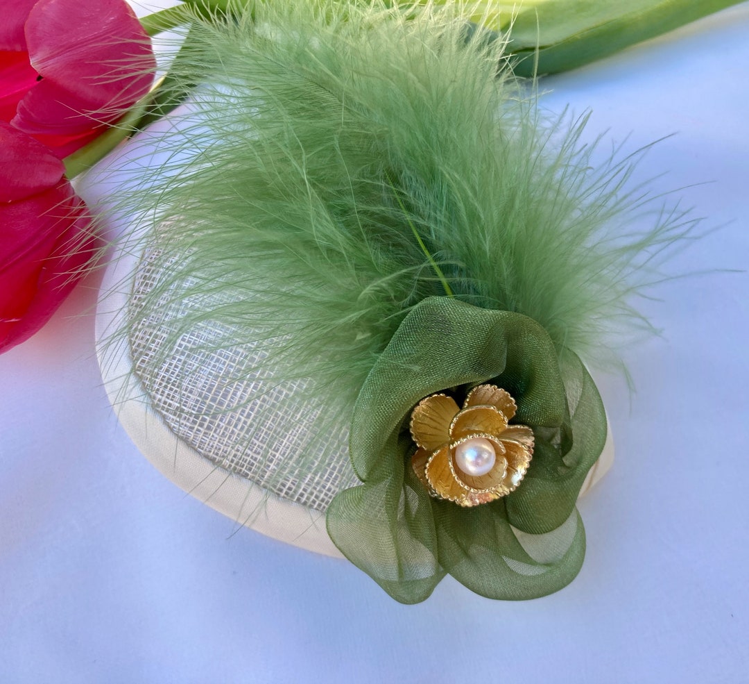 Woman's Kippah - Fascinator - Green, Olive, Ivory, Cream - Feather ...