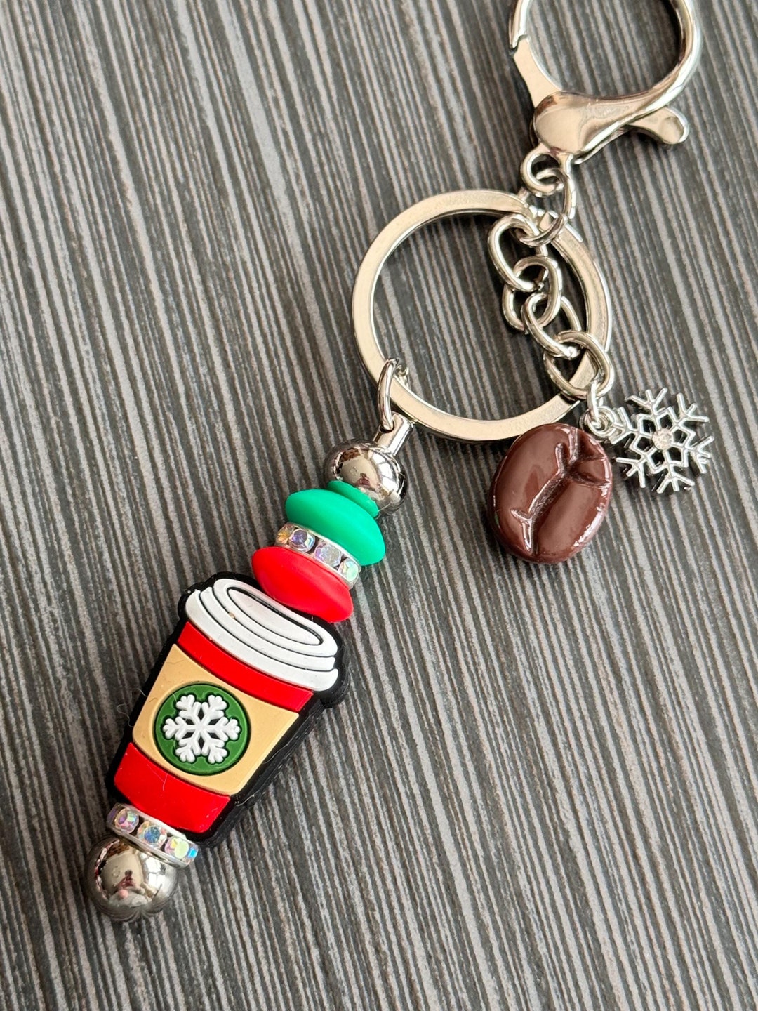 Snowflake Coffee Cup Silicone Beaded Keychain, Dangle Charm, Clasped ...