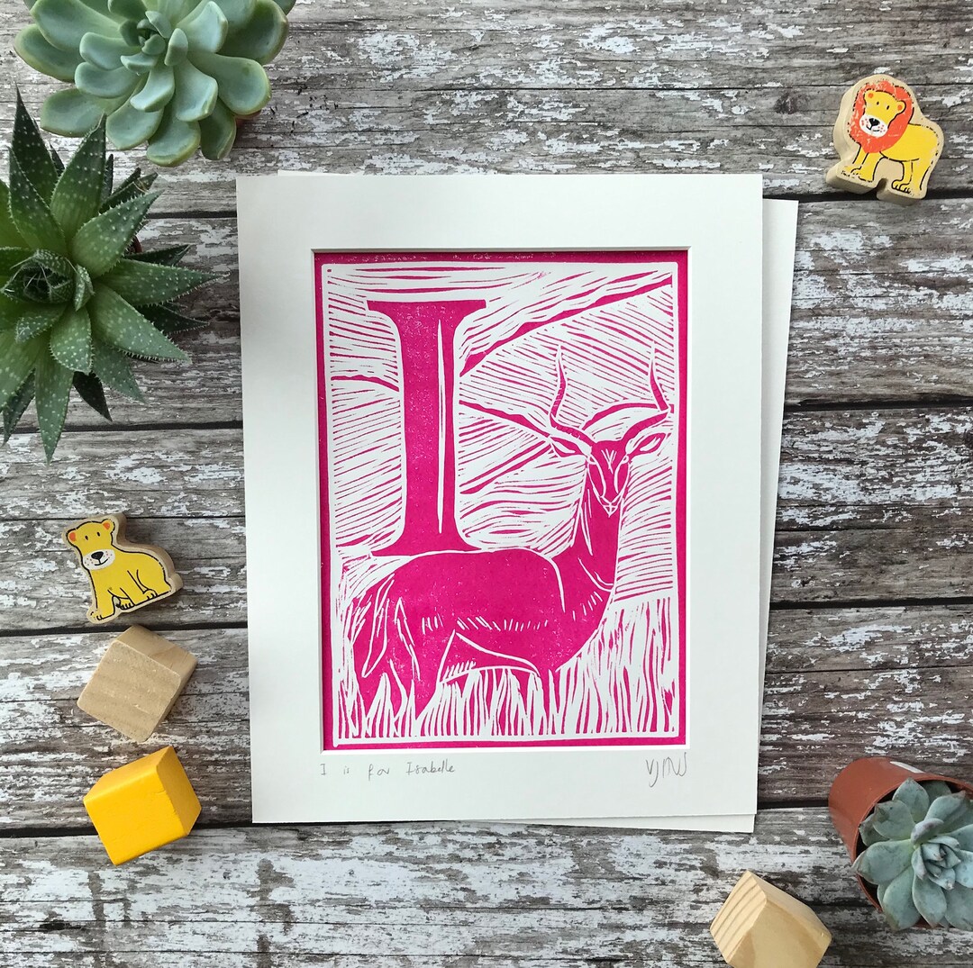 Personalised Initial Print Letter I - Hand Printed Linocut Animal ...