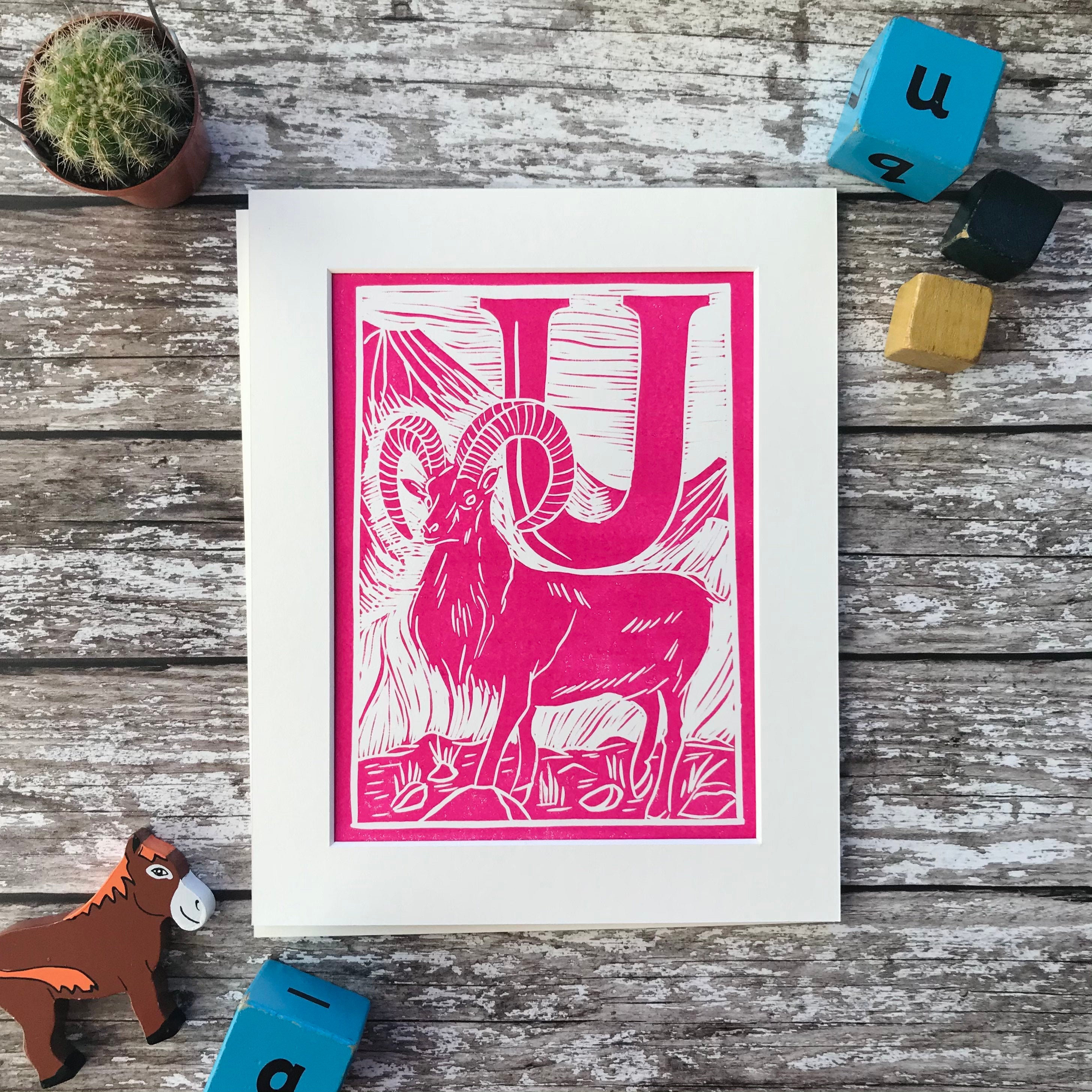 Personalised Initial Print Letter U Hand Printed Linocut Animal ...
