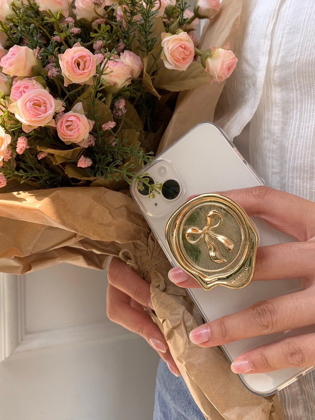 MARMELO / Mellow Tok Ribbon Popsocket / Gold, Silver / Swappable Griptok, Phone Holder, Phone ...