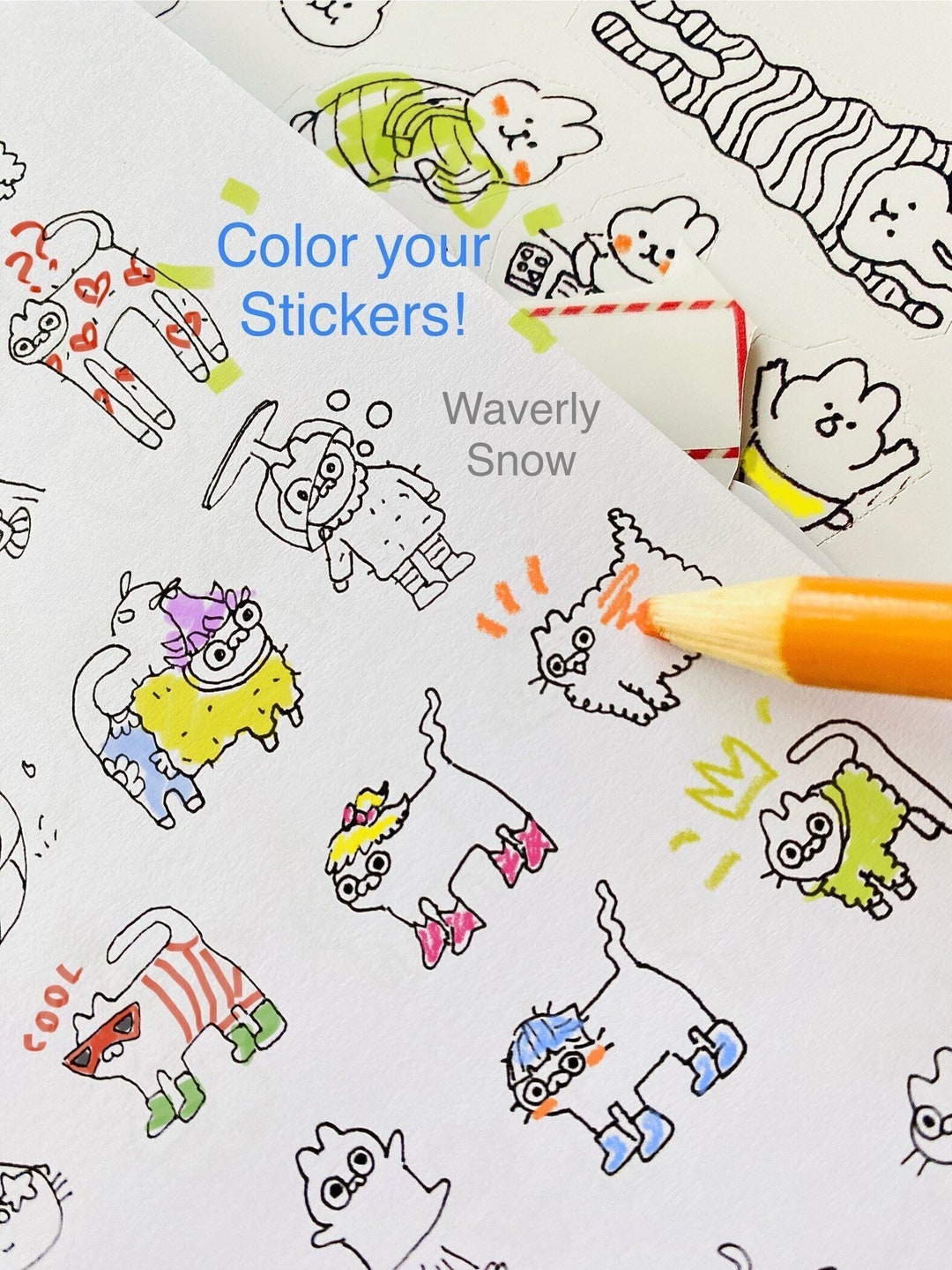 Cute Stickers Sue the Cat, Coloring Stickers. Handmade. Matte White ...