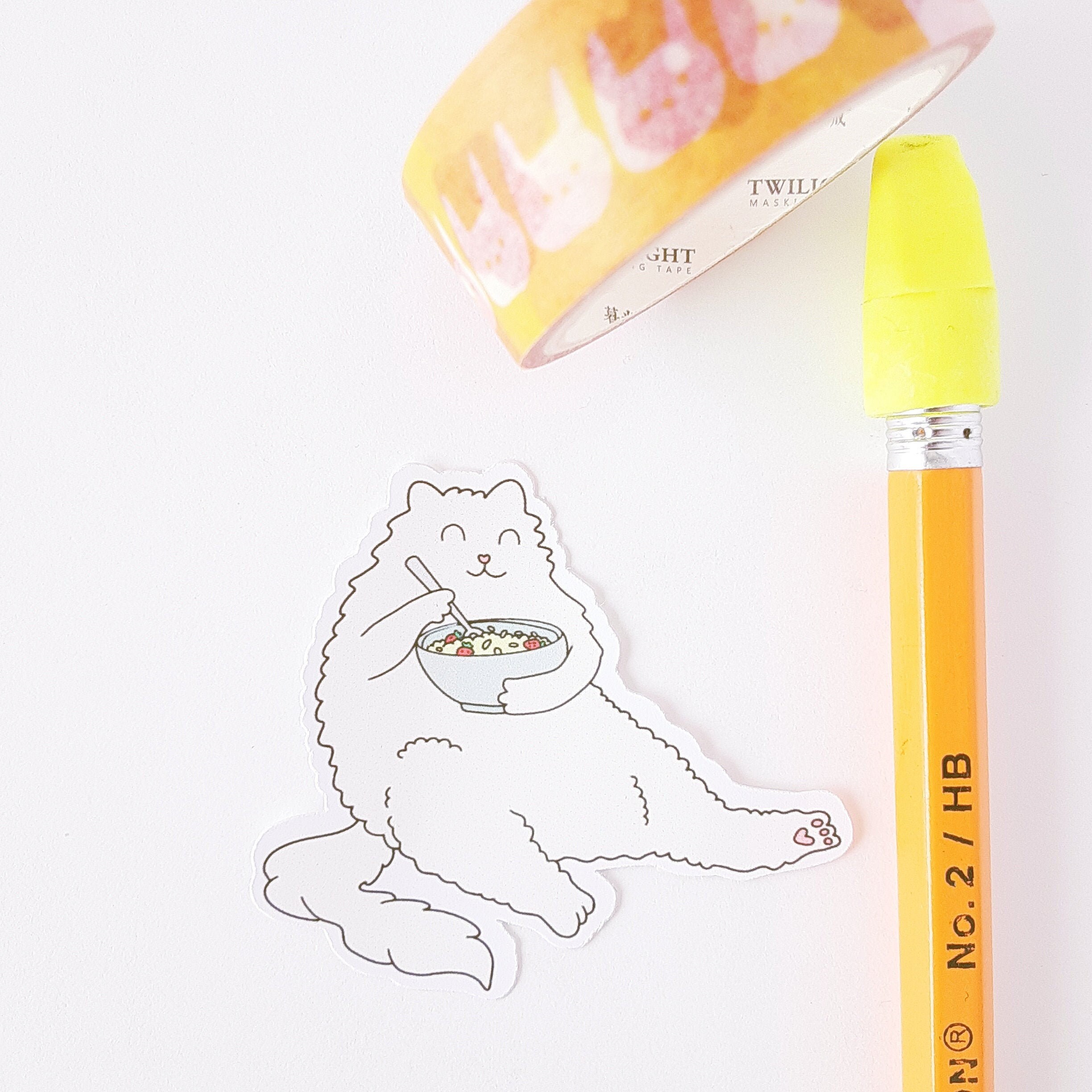 Cute Cat Eating Breakfast Sticker. Transparent / Matte White Waterproof ...