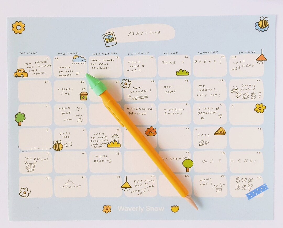 Pastel Blue Doodle Monthly Calendar Printable (digital Download) - Etsy