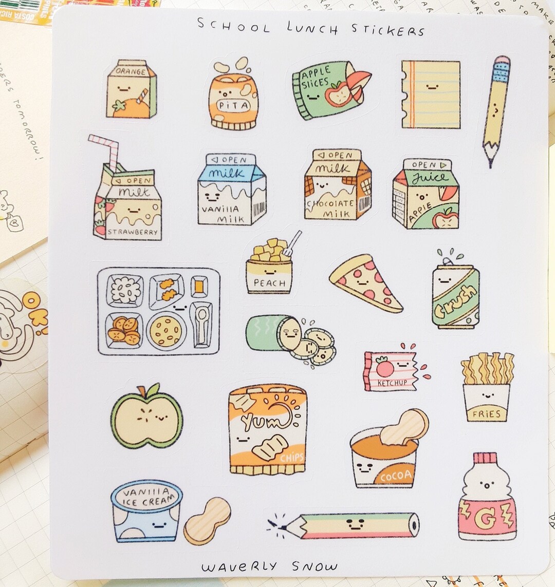 School Lunch Sticker Sheet. Cute Waterproof Transparent / Matte White ...