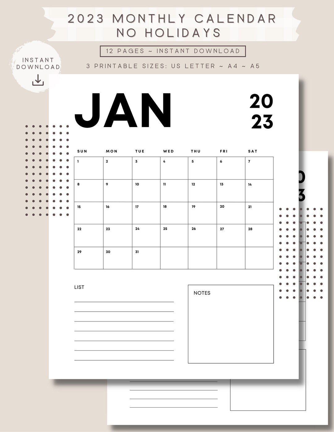 2023 Monthly Calendar Printable Calendar Template, No Holidays ...