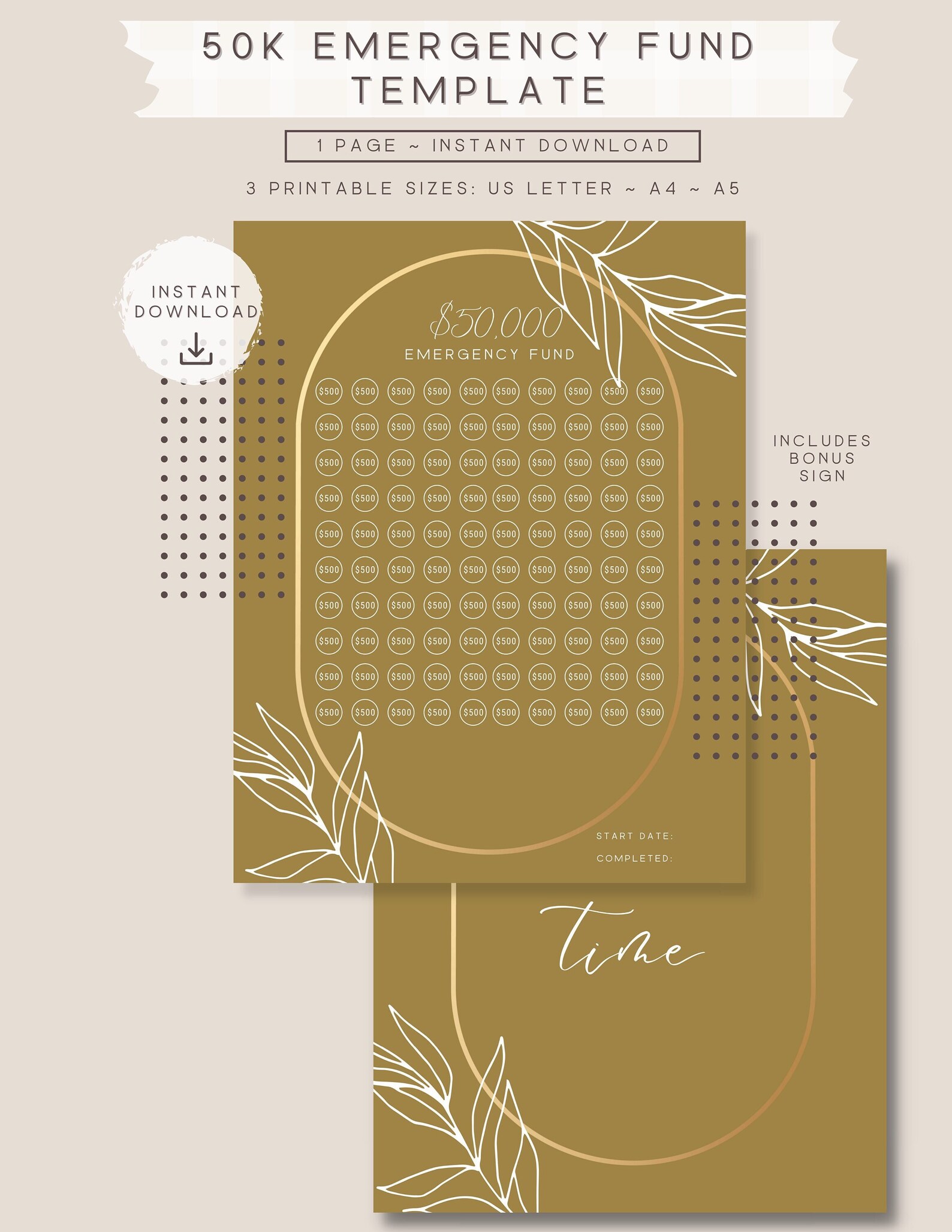 50K Emergency Fund Savings PDF Printable Template Save Neutral Beige ...