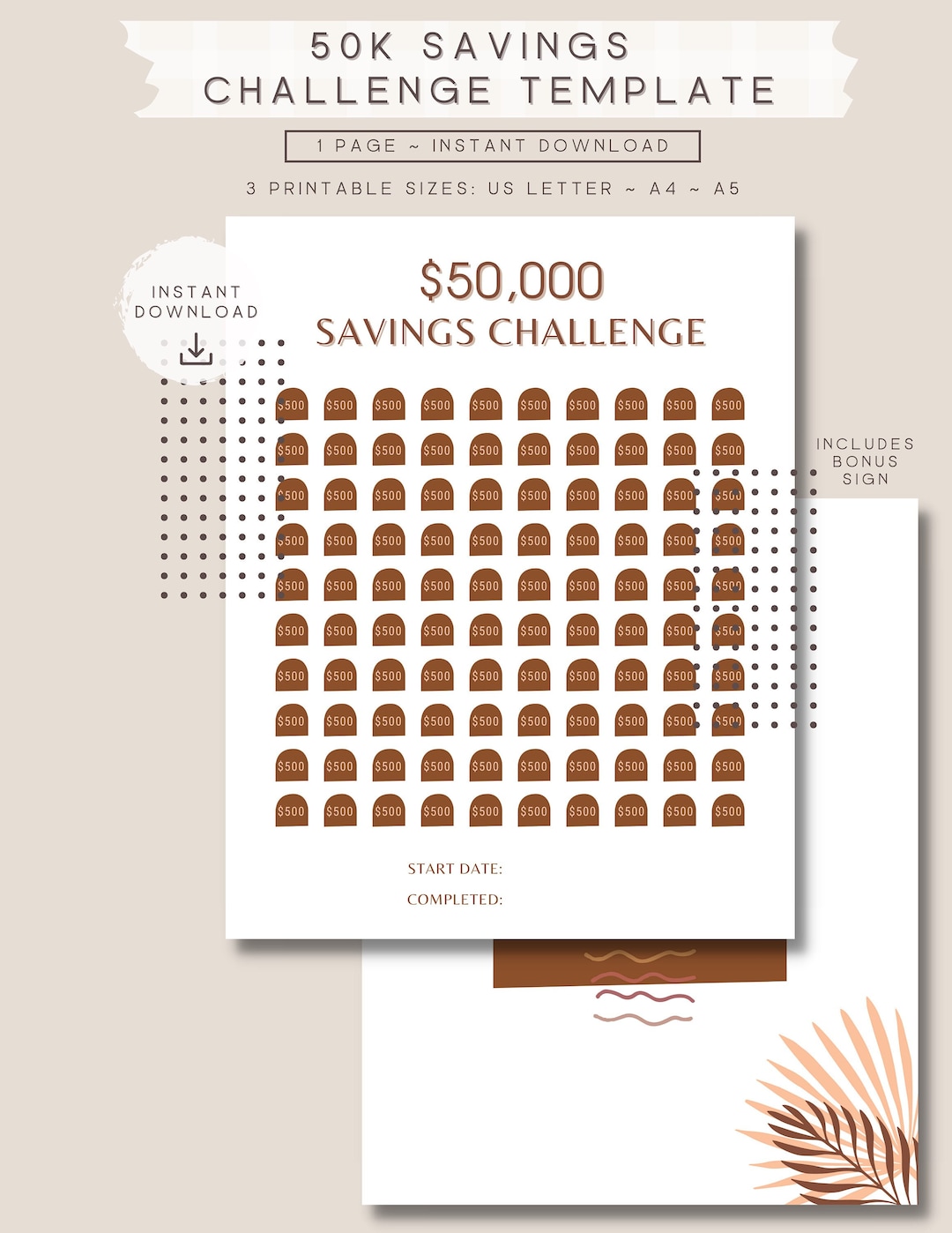 50K Savings Challenge PDF Printable Template Arch Boho Budget Save ...