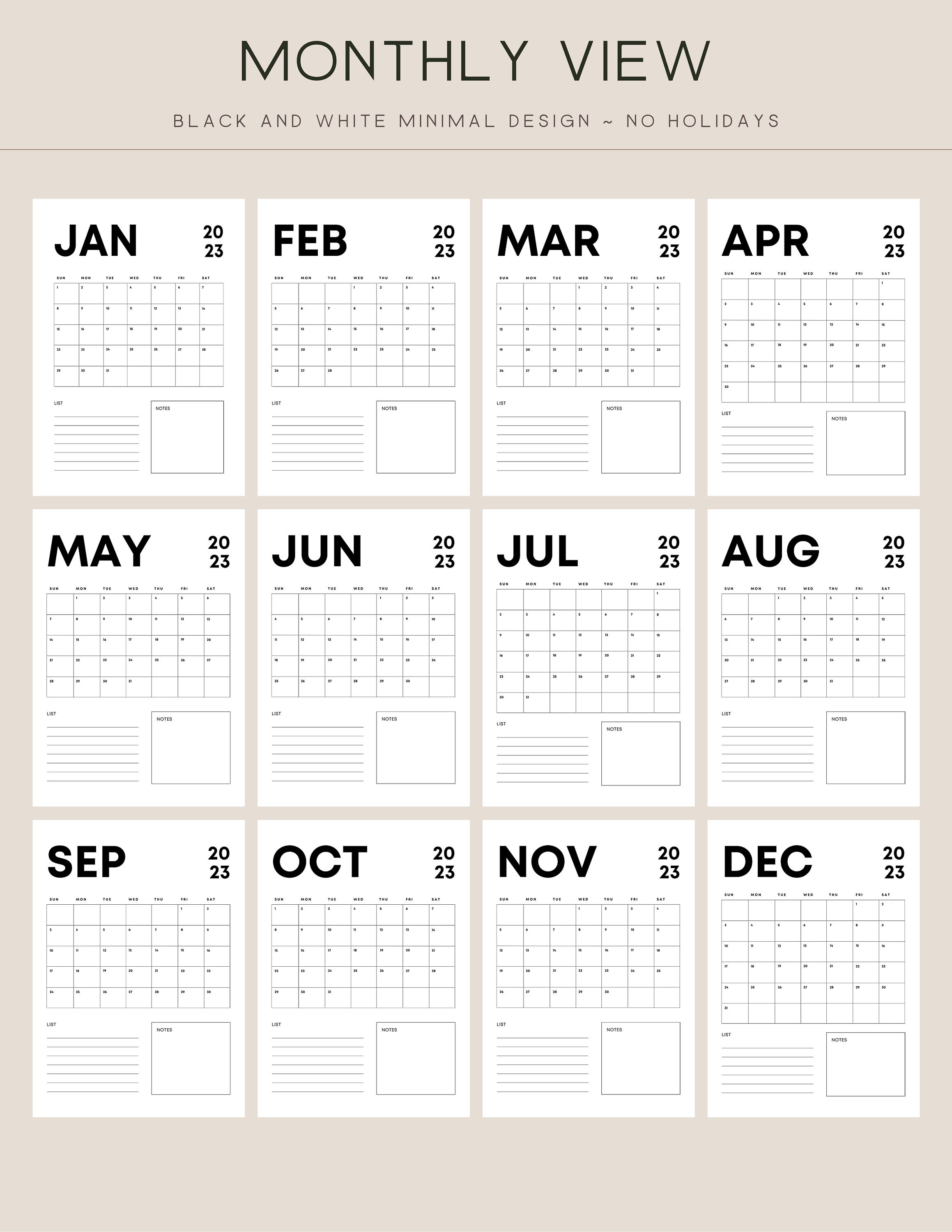 2023 Monthly Calendar Printable Calendar Template, No Holidays ...