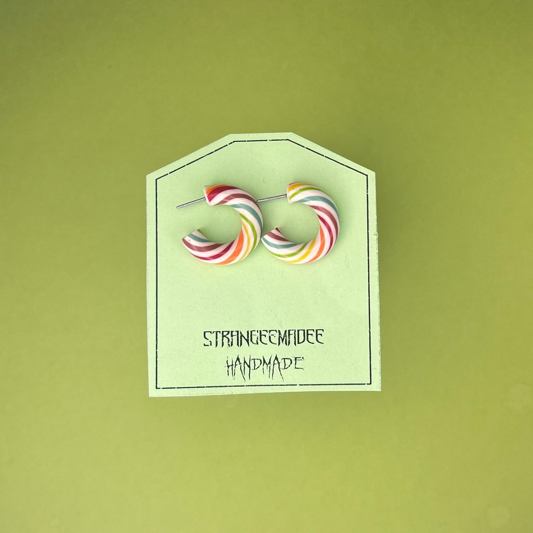Mini Rainbow Candy Cane Hoop Earrings | Huggie Hoops | Polymer Clay ...