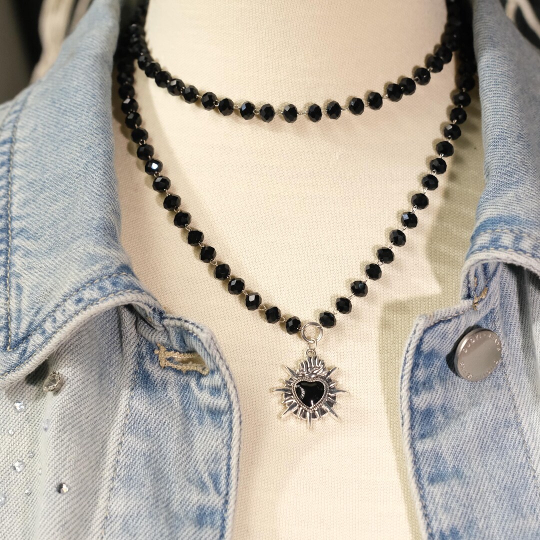 Black Stylish Gothic Necklace, Layered Beads Sun Necklace, Heart Black ...